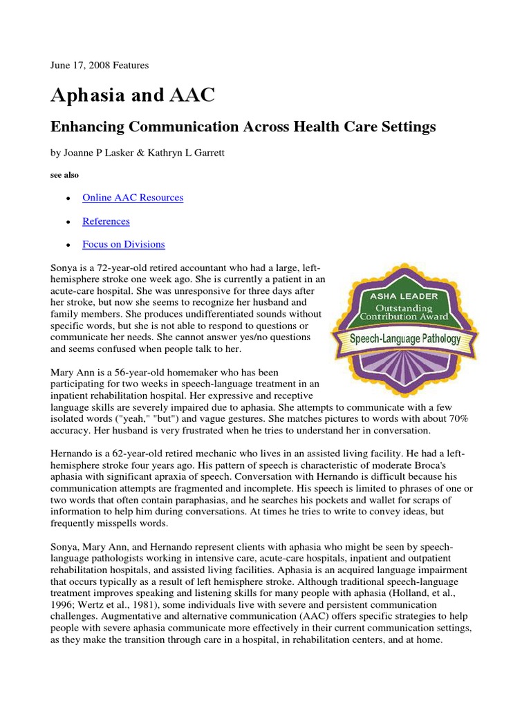 Lasker, Garret, Fox (2007) | PDF | Aphasia | Communication