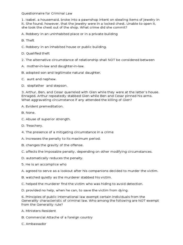 Bar Examination Questionnaire For Criminal Law | PDF | Defamation | Murder