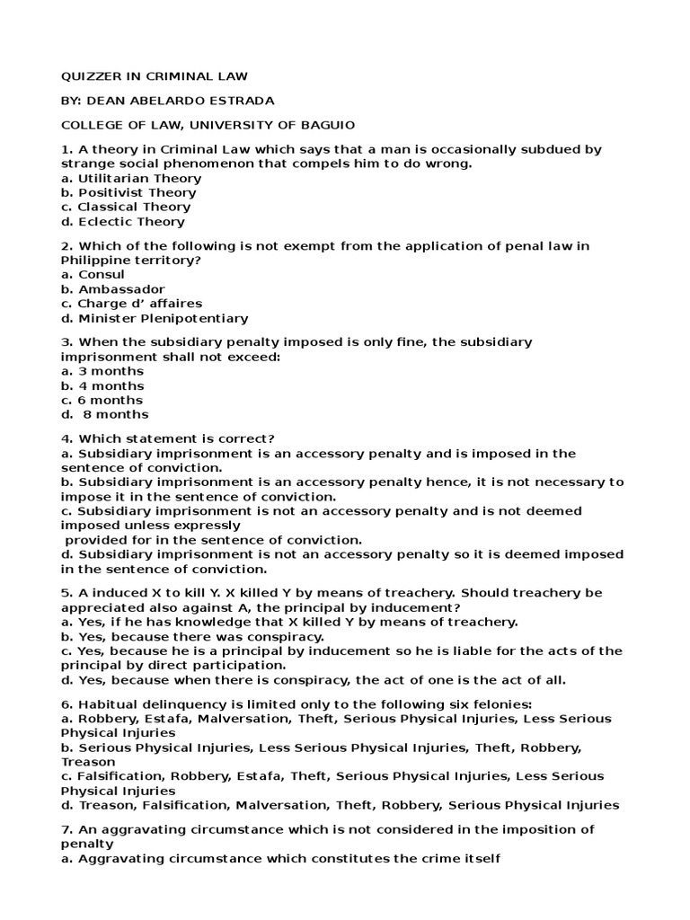 Criminal Law Quiz Questions and Answers | PDF | Pardon | Crime & Violence