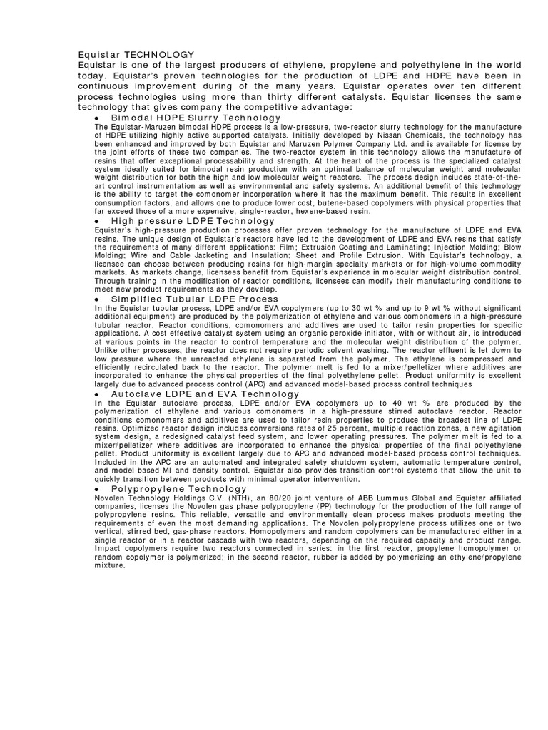 Equistar HDPE | PDF | Polyethylene | Chemical Reactor