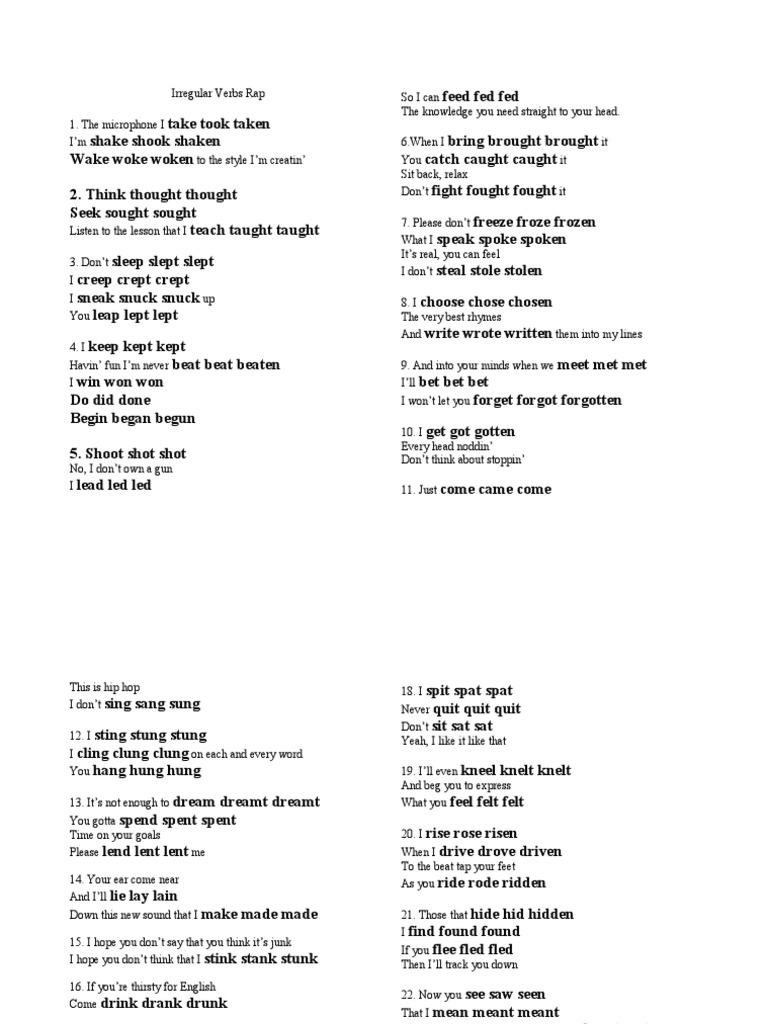 Irregular Verbs Rap Lyrics College | PDF | Language Arts & Discipline ...