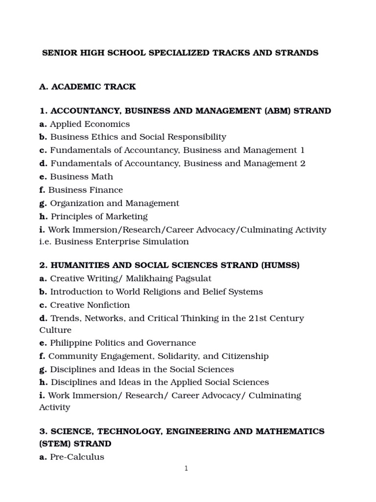 Senior High School Specialized Tracks and Strands | PDF | Social ...