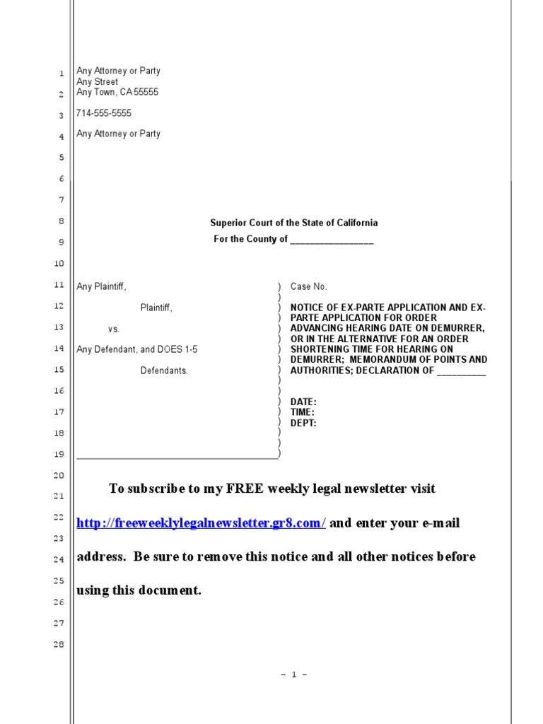 Sample Ex-Parte Application To Advance Hearing Date in California | PDF ...