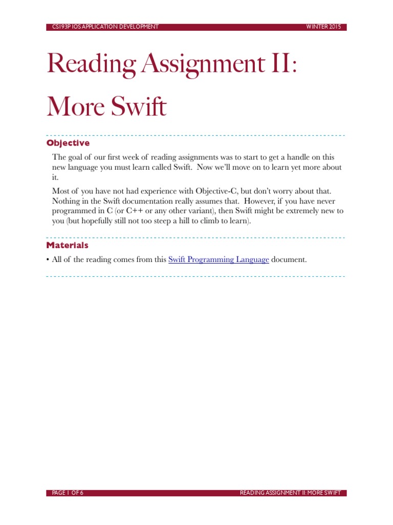 Reading Assignment II: More Swift: Objective | PDF | Swift (Programming Language) | Class ...