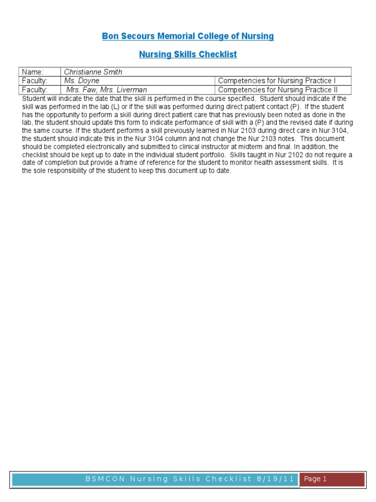 Nursing Skills Checklist - C Smith-Evans | PDF