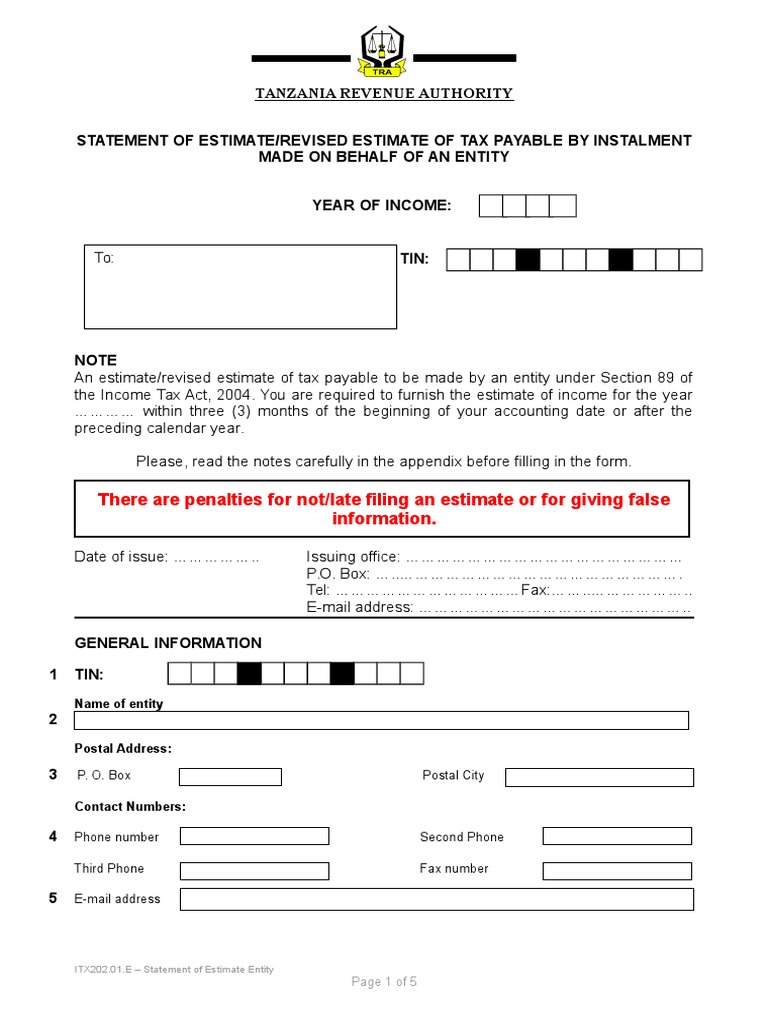 TIN Application - Statement of Estimate (Entity) | PDF | Withholding ...