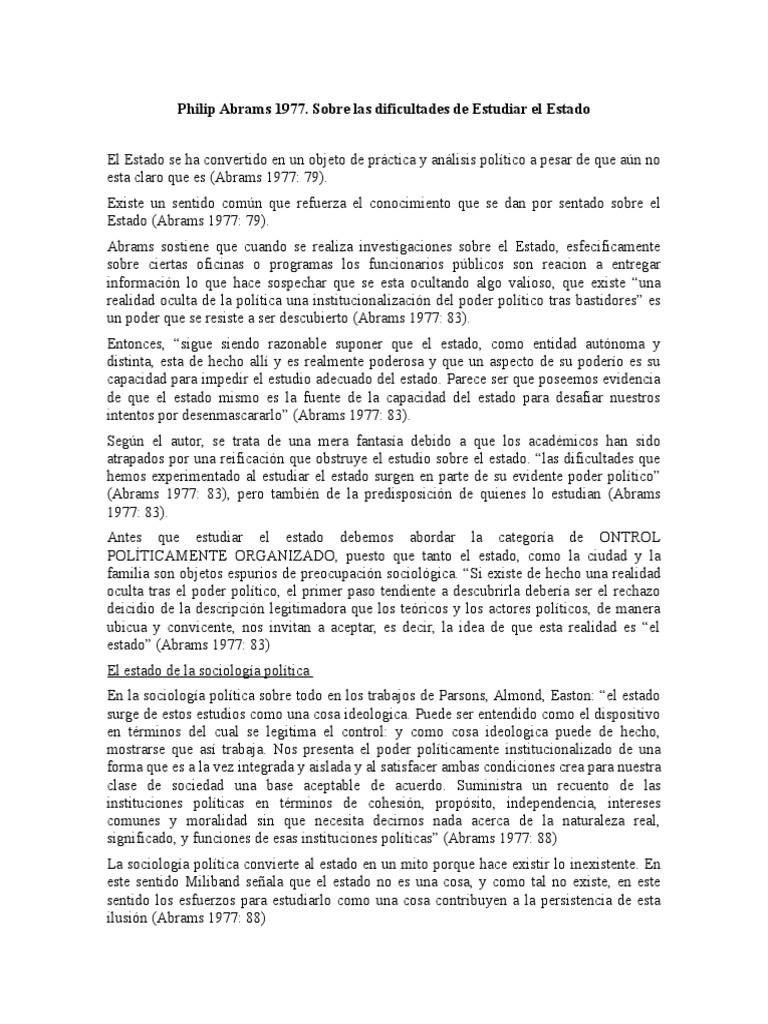 Philip Abrams 1977. Reseña Sobre Las Dificultades de Estudiar El Estado ...