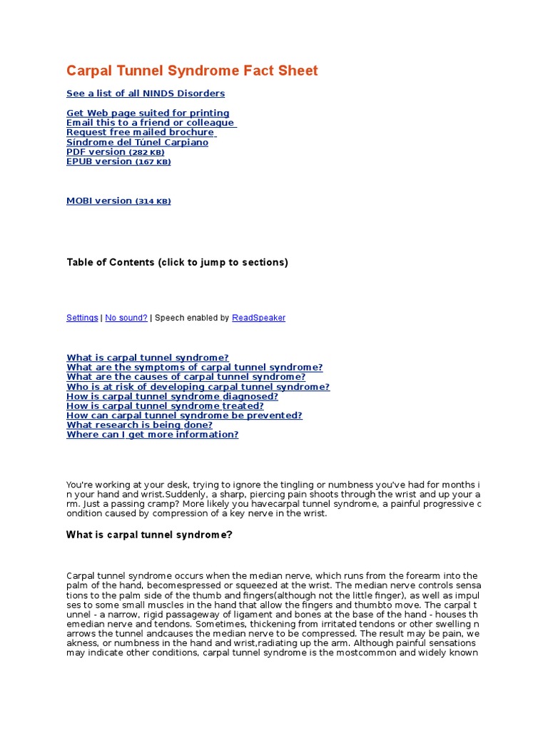 Carpal Tunnel Syndrome Fact Sheet | Carpal Tunnel Syndrome | Surgery
