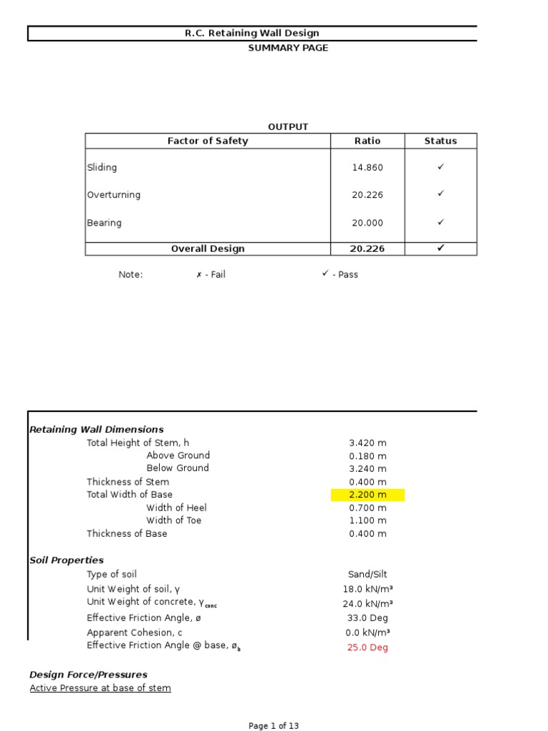 R.C. Retaining Wall Design Analysis | PDF | Building | Horticulture And ...