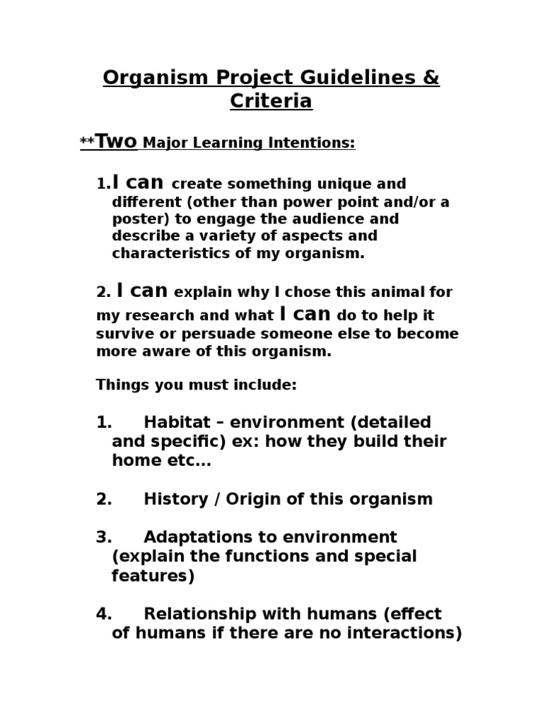 Organism Project Guidelines and Criteria | PDF