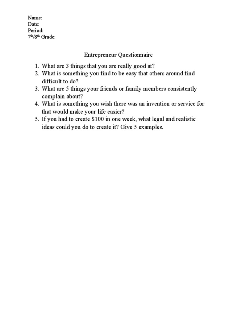 7th/8th Grade Entrepreneur Questionnaire | PDF