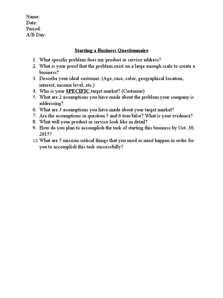 Starting A Business Questionnaire | PDF | Marketing | Business