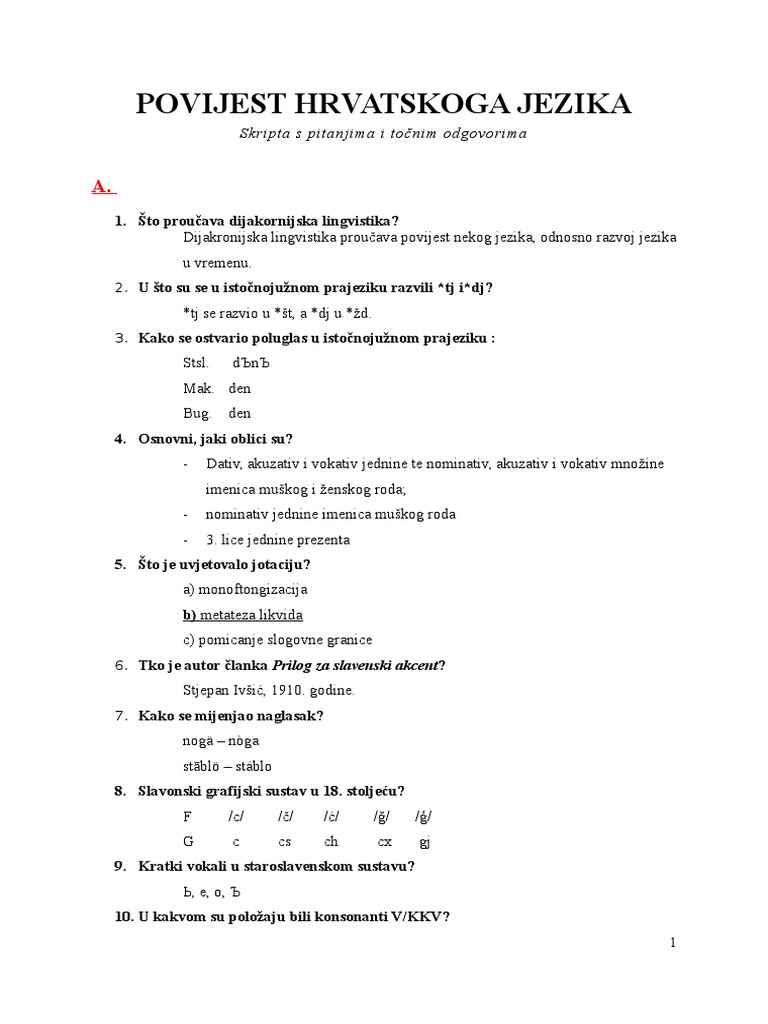 Povijest Hrvatskog Jezika - Pitanja | PDF