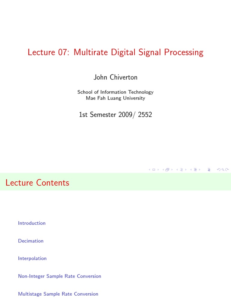 Multirate DSP Lecture: Decimation, Interpolation and Sample Rate Conversion | PDF | Sampling ...