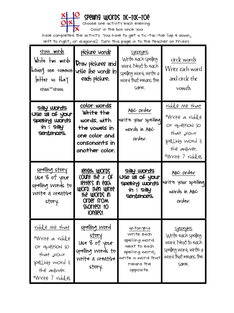 Spelling Tic Tac Toe Sheet