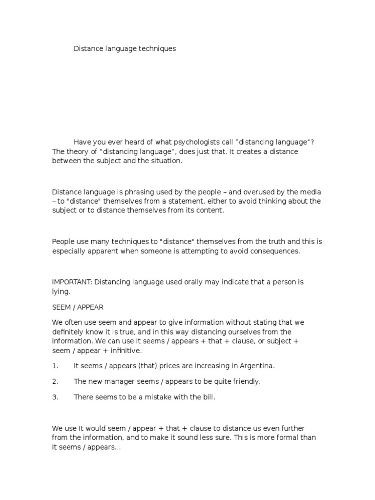 Distancing Language Techniques Guide | PDF | Subject (Grammar) | Verb