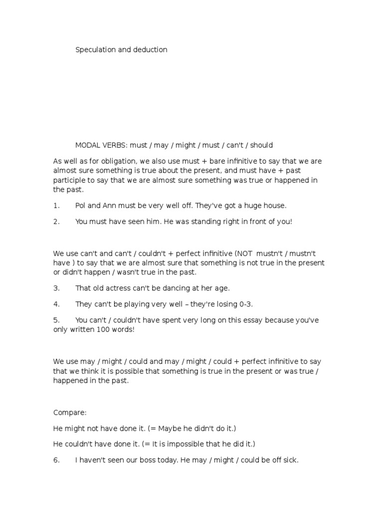 Speculation and Deduction | PDF | Verb | Languages