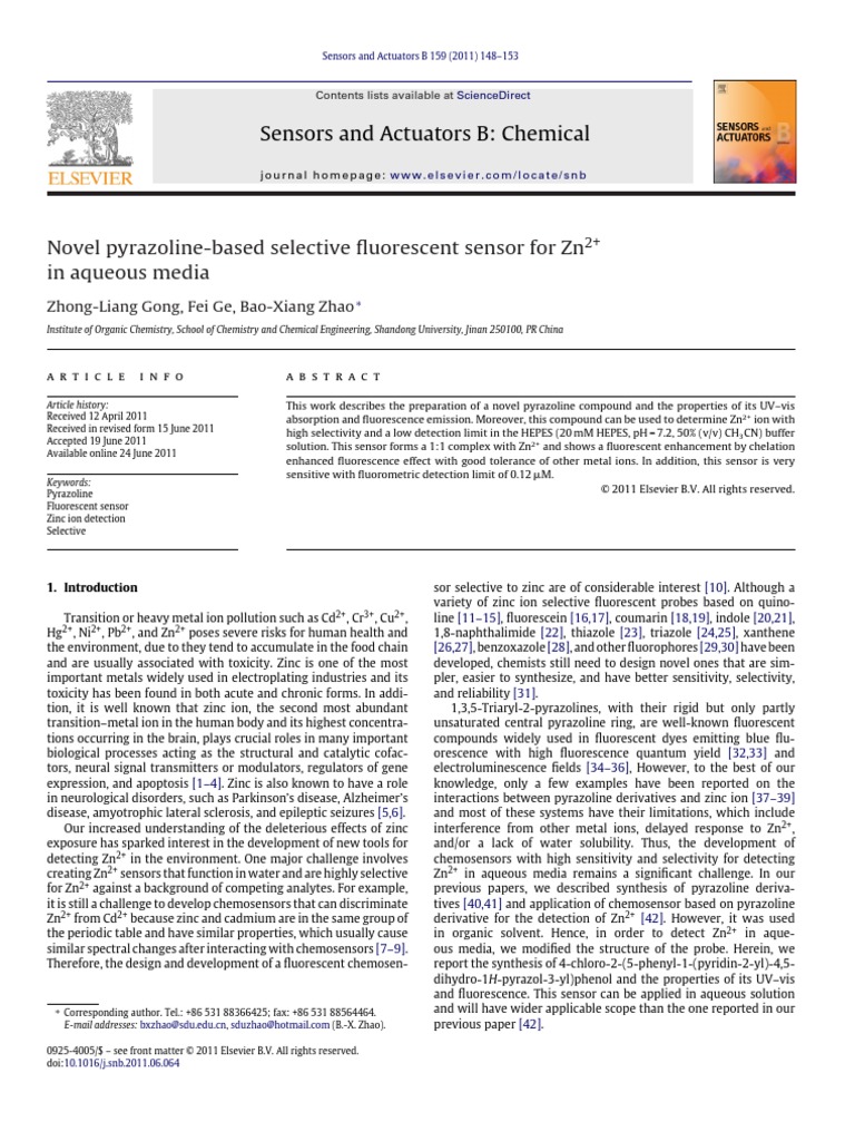 Novel Pyrazoline-Based Selective Fluorescent Sensor For Zn2+ | PDF | Absorption Spectroscopy | Zinc