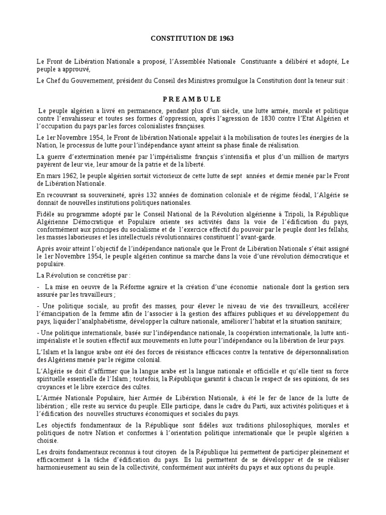 Constitution algérienne de 1963 | PDF | Droit statutaire | Algérie