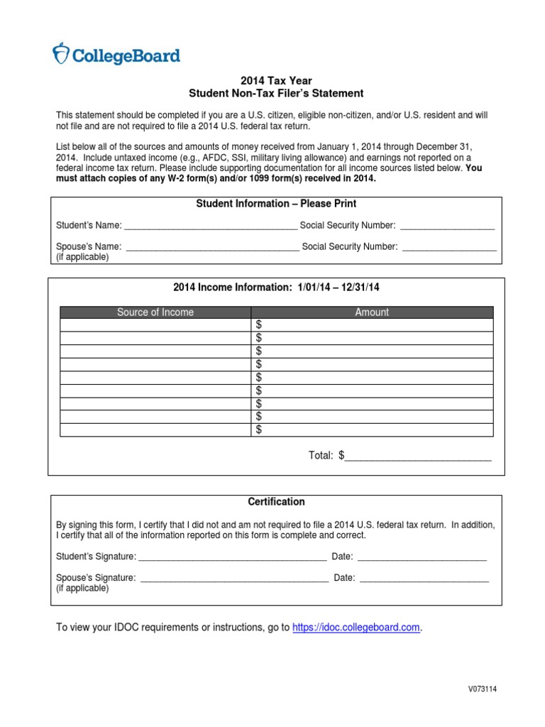 2014 Tax Year Student Non-Tax Filer's Statement: Student Information ...