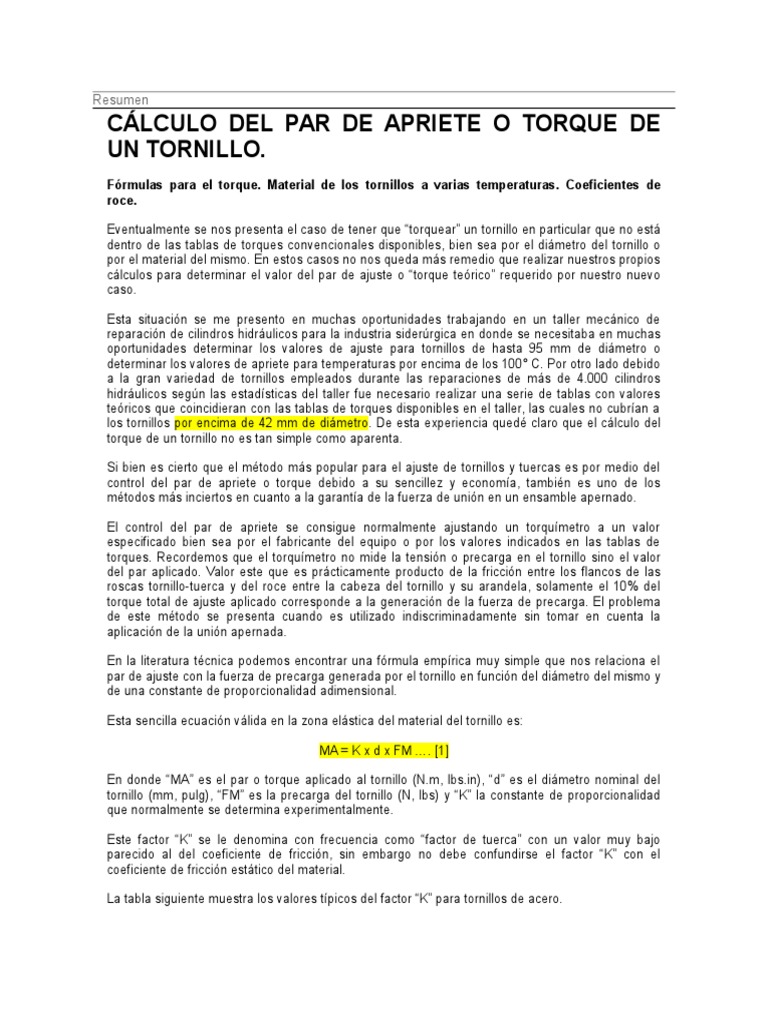 Cálculo del Torque en Tornillos | PDF | Tornillo | Fricción