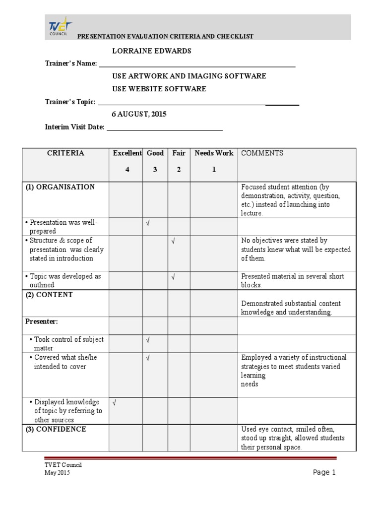 Presentation Evaluation Criteria and Checklist: Training on Using Artwork and Imaging Software ...