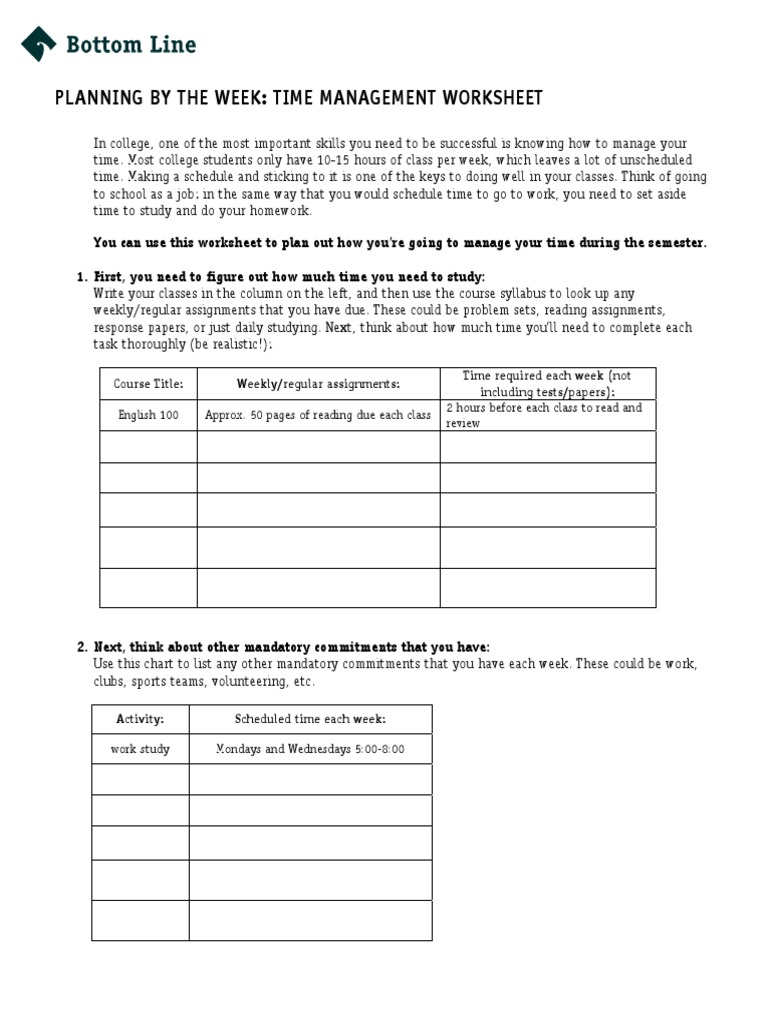 Weekly Time Management Worksheet | PDF | Career & Growth | Language ...