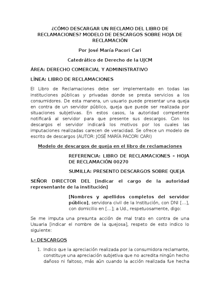 Cómo Hacer Descargar Un Reclamo Del Libro de Reclamaciones - Modelo de Descargos Sobre Hoja de ...