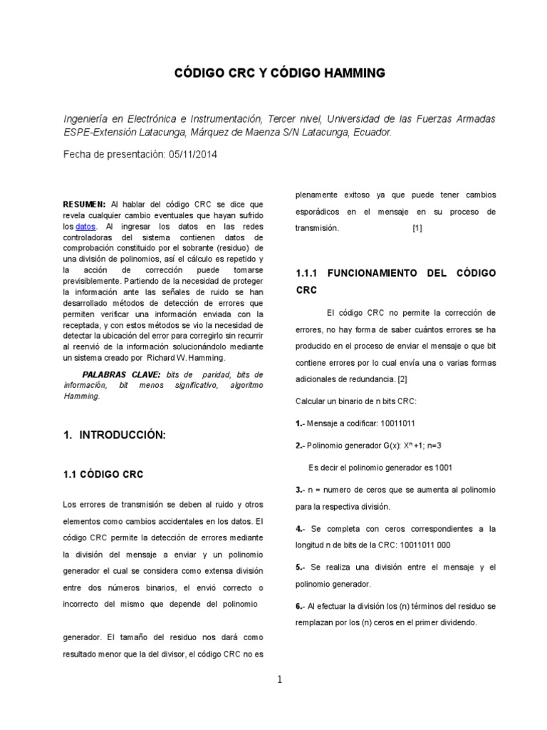 Código CRC y Código Hamming | PDF | Detección y corrección de errores | Poco