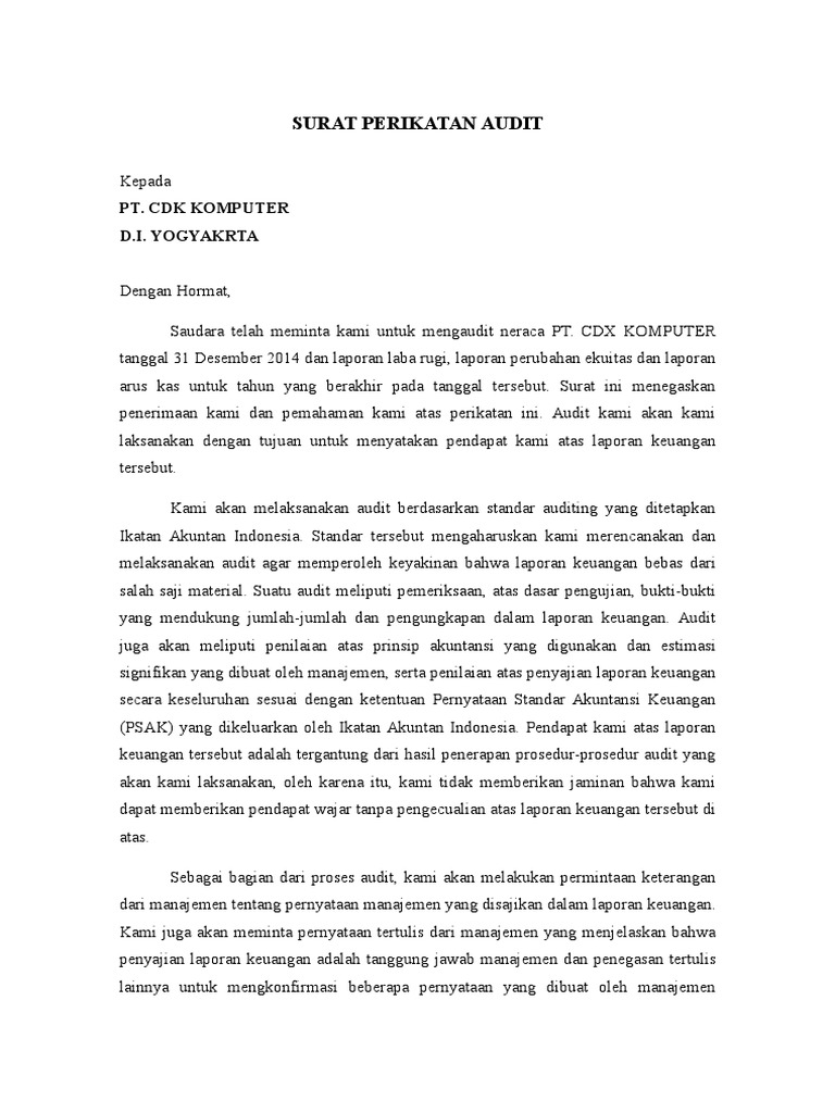 Surat Perikatan Audit PT. CDX KOMPUTER | PDF | Karier & Perkembangan ...