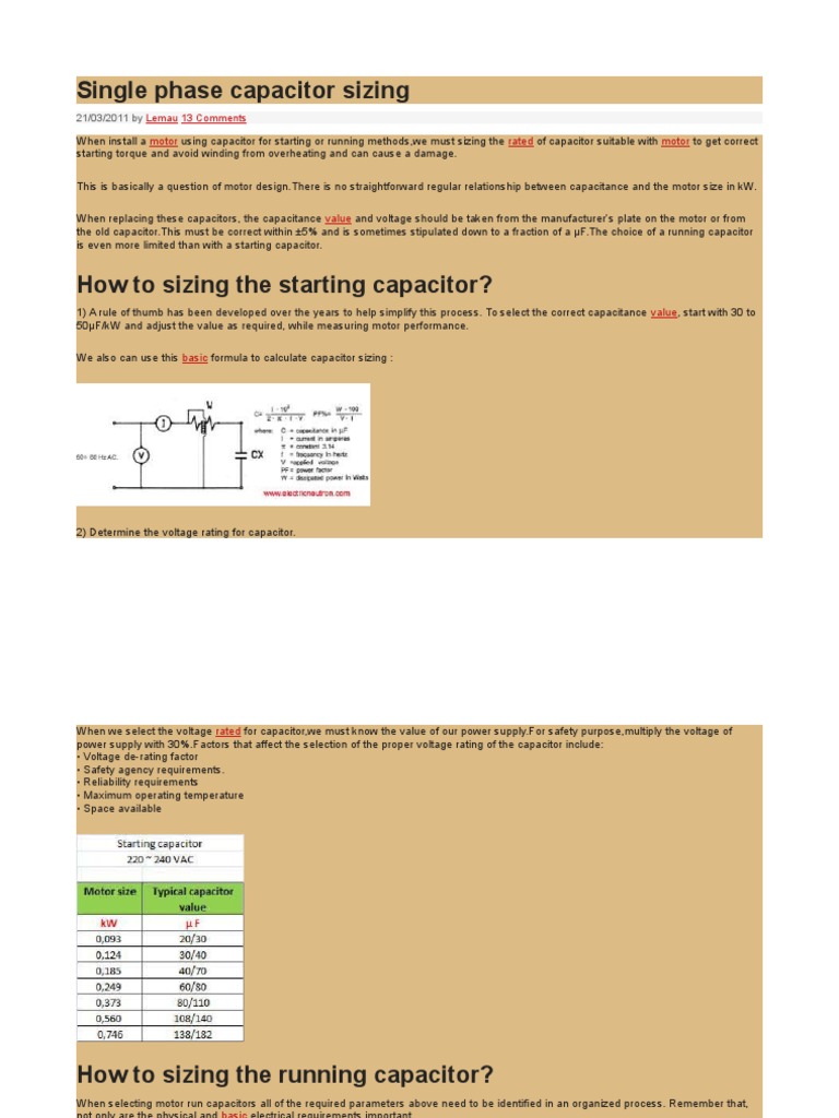 Single Phase Capacitor Sizing | PDF | Capacitor | Electric Motor