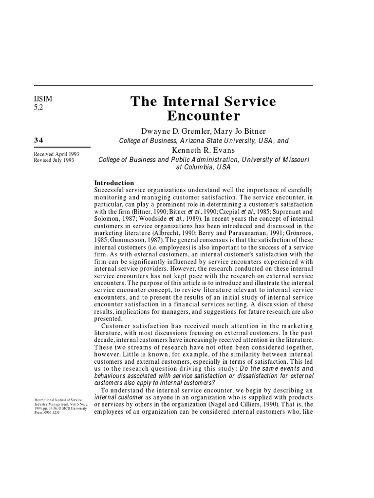 The Internal Service Encounter: Dwayne D. Gremler, Mary Jo Bitner ...