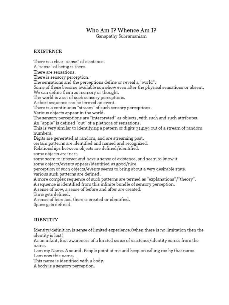 Who Am I? Whence Am I?: Existence | PDF | Senses | Perception