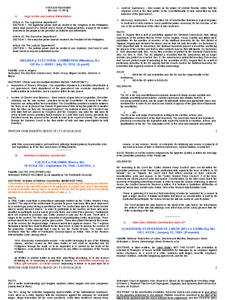 1f Statcon Reviewer - 06132014v2 | PDF | Separation Of Powers | Judiciaries