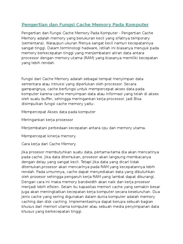 Pengertian Dan Fungsi Cache Memory Pada Komputer | PDF