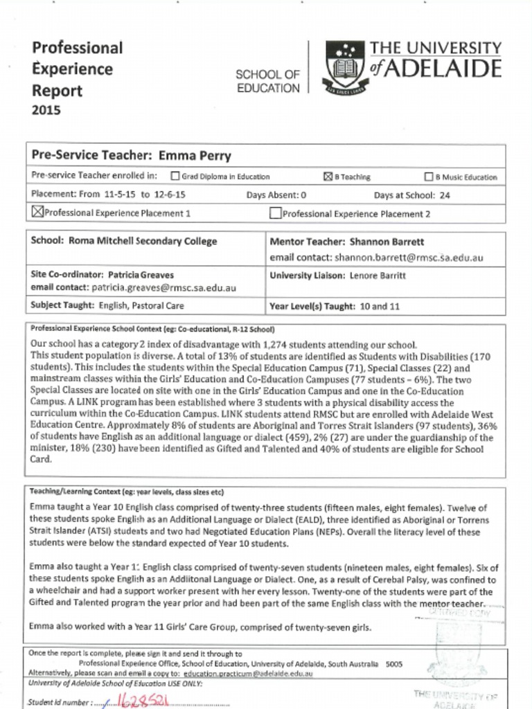 Professional Experience Report Placement 1 2015 | PDF | Curriculum ...