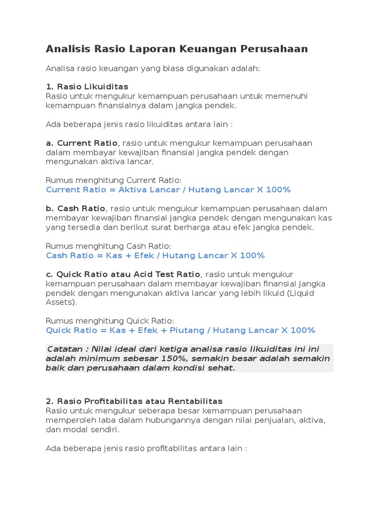 Analisis Rasio Laporan Keuangan Perusahaan | PDF | Ekuitas (Keuangan ...