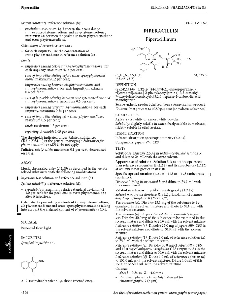 European Pharmacopoeia Standards for Piperacillin: Analysis of Impurities, Assay Methodology ...