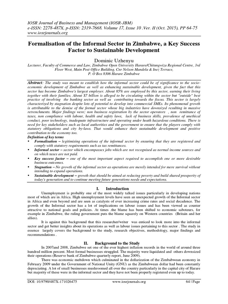 Formalisation of The Informal Sector in Zimbabwe, A Key Success Factor ...