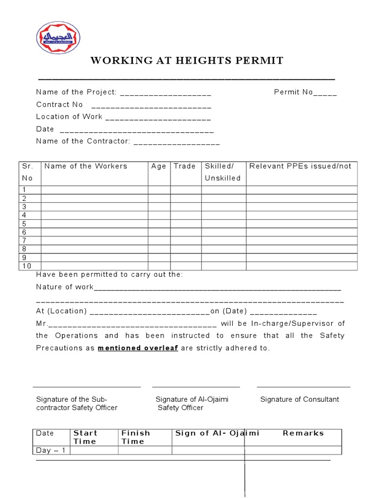 Height work permit-1.doc | Safety | Transport
