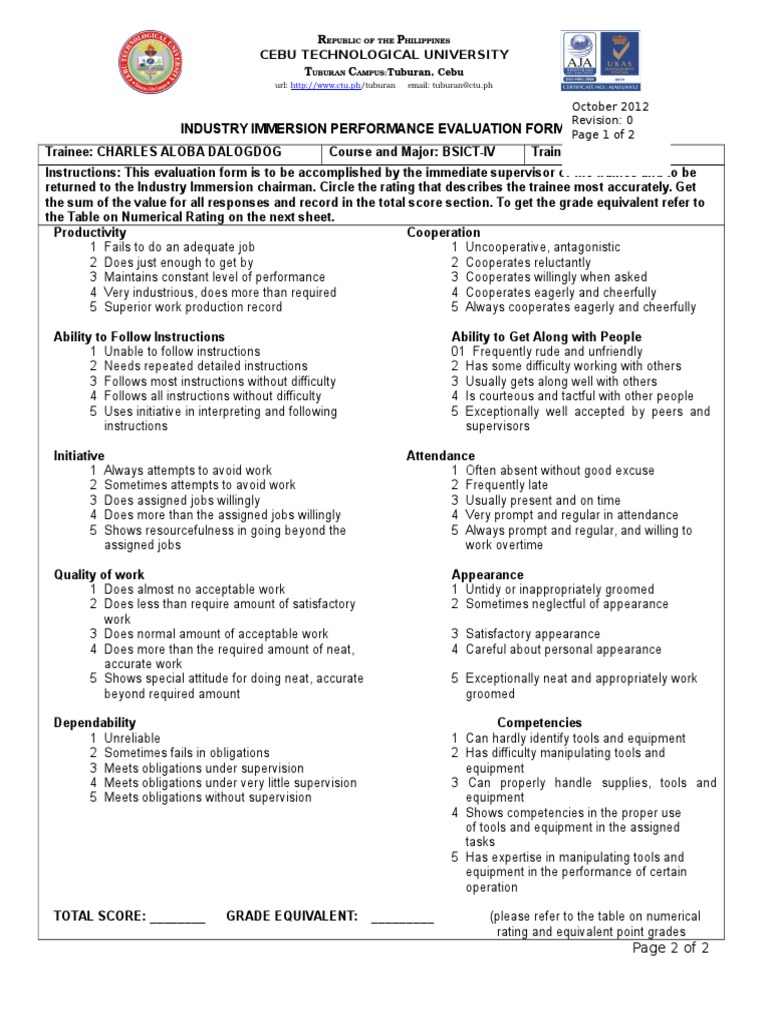 Work Immersion Performance Evaluation Form | PDF | Performance Appraisal | Applied Psychology