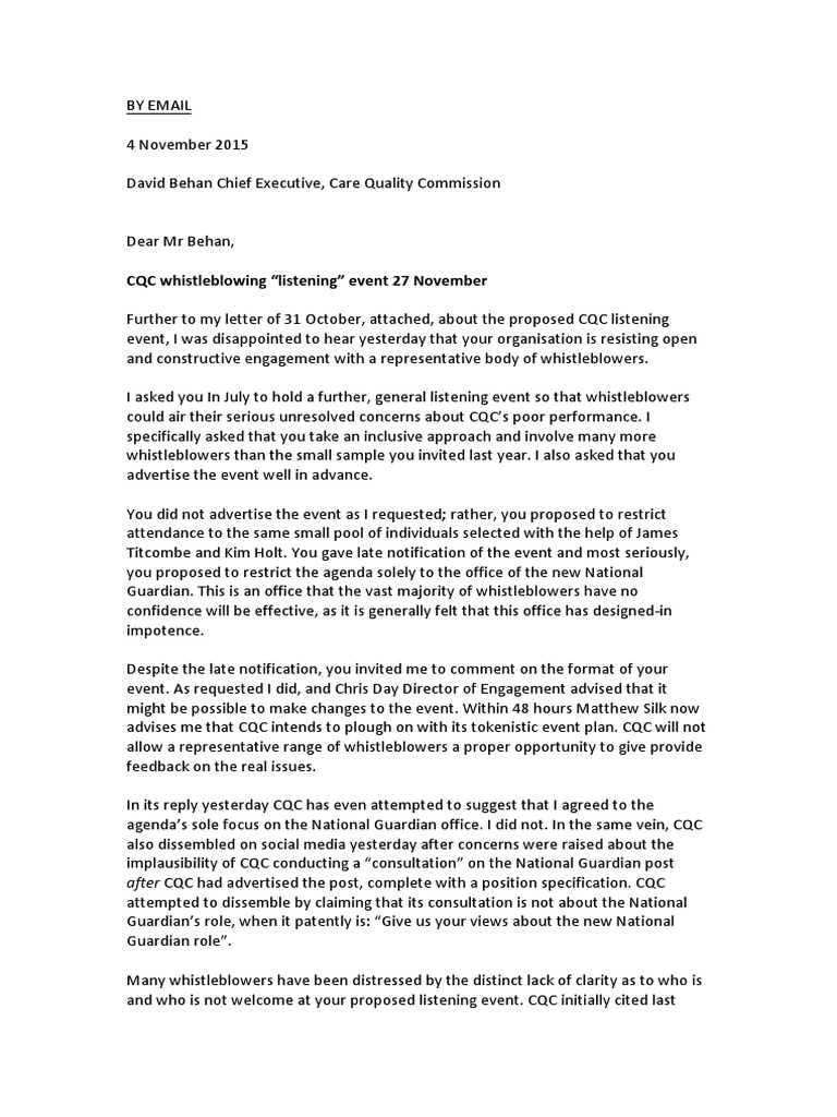 CQC Whistleblowing "Listening" Event 27 November | PDF | Whistleblower ...