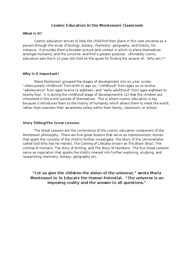 Understanding Cosmic Education in Montessori | PDF