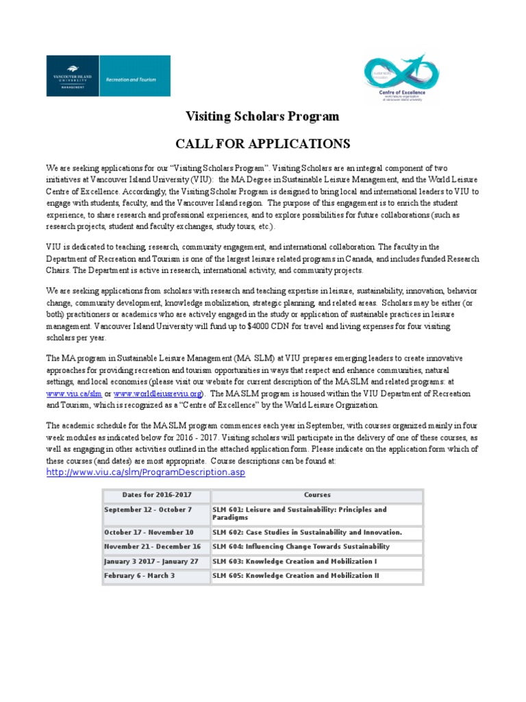 VIU Visiting Scholars Program 2016-2017 | PDF | Tourism | Leisure