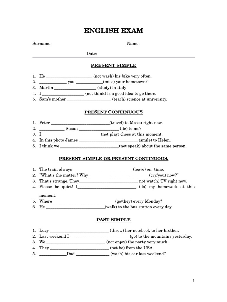 English Exam: Verb Tenses and Other Grammar Concepts | PDF
