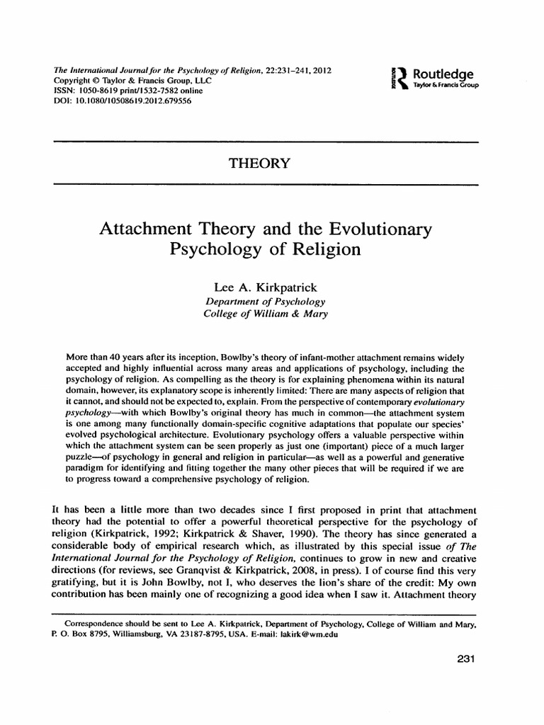 Attachment Theory And The Evolutionary Psychology Of Religion Lee