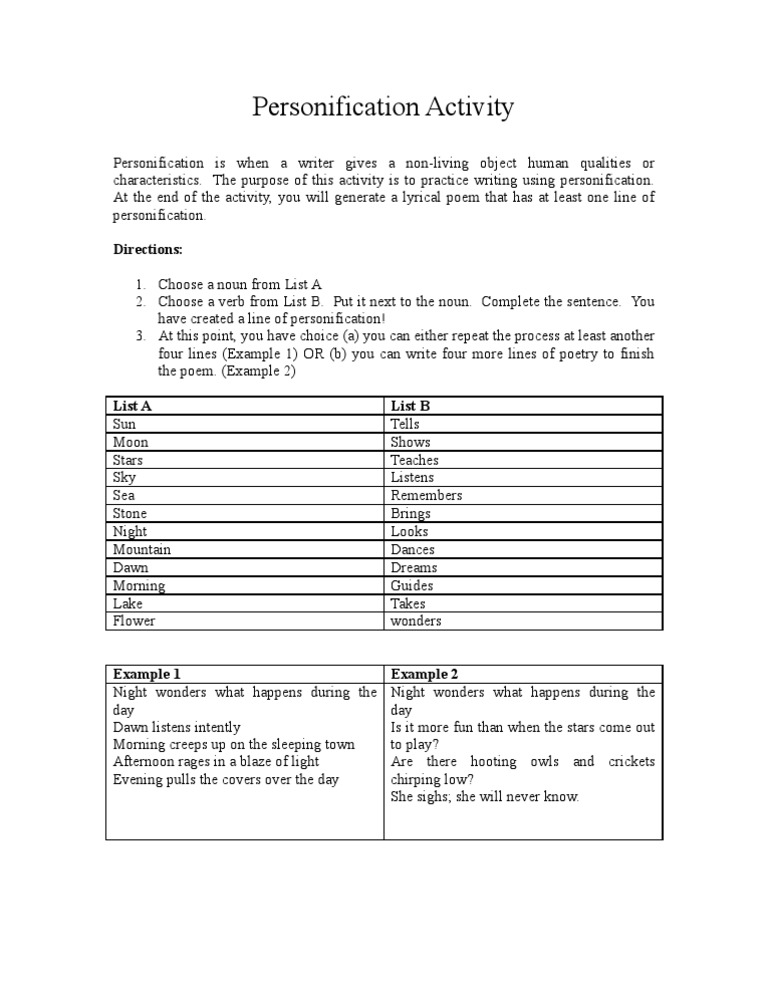 Personification Activity | PDF