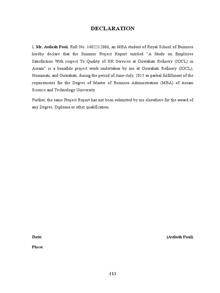 Preface Acknowledgement Declaration And Certificate For IOCL Project
