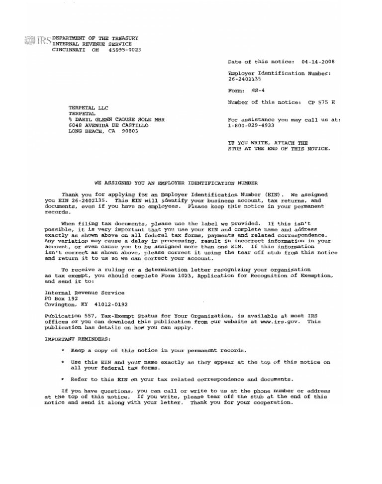 TerpEtal LLC FEIN Confirmation Letter | PDF