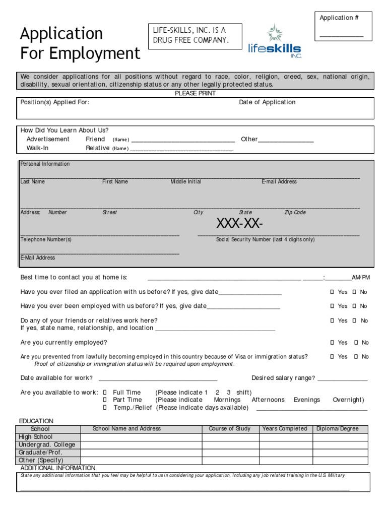 Life-Skills, Inc. Application For Employment | PDF | Nationality ...